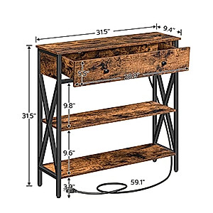HOOBRO Console Table with Outlets and USB Ports, Narrow Entryway Table with Drawer, Small Sofa Table with 2 Storage Shelves, Behind Couch, Living Room, Hallway, Foyer, Kitchen, Rustic Brown BF88XG01