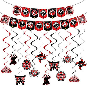 25 Packs Ninja Party Decorations Ninja Birthday Party Supplies Ninja Warriors Birthday Banner Ninja Warriors Hanging Swirls Decorations Ninja Party Supplies for Boys Ninja Warrior Themed Birthday