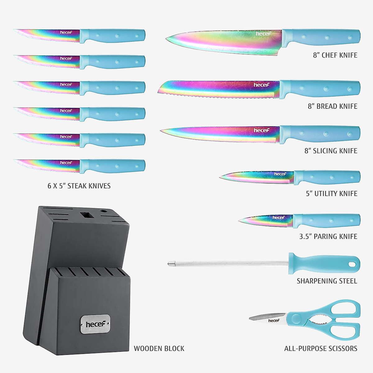 hecef 14 Pieces Knife Set with Block, Rainbow Titanium Knives Set with Laser Pattern, Martensitic Stainless Steel Chef Knife Set with Sharpener, Steak Knife, Scissors, Mothers Day Gift(Blue)
