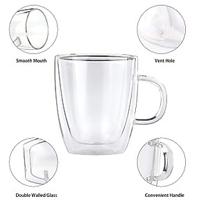 Sivaphe Double Wall Demitasse Cups With Handle 12oz Set of 2 Clear Borosilicate Glass Espresso Mugs for Latte, Cappuccino, Tea, Beverages, Ice Coffee