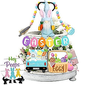 Bucherry 15 Pieces Easter Tiered Tray Decor Easter Decor Farmhouse Easter Decorations Rustic Bunny Rabbits Eggs Wooden Spring Sign for Home Table Kitchen