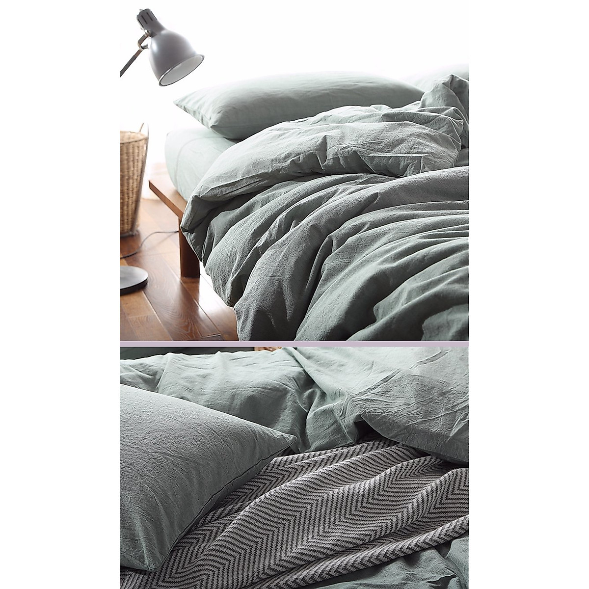 Eikei Washed Cotton Chambray Duvet Cover Solid Color Casual Modern Style Bedding Set Relaxed Soft Feel Natural Wrinkled Look (King, Eucalyptus Mint)