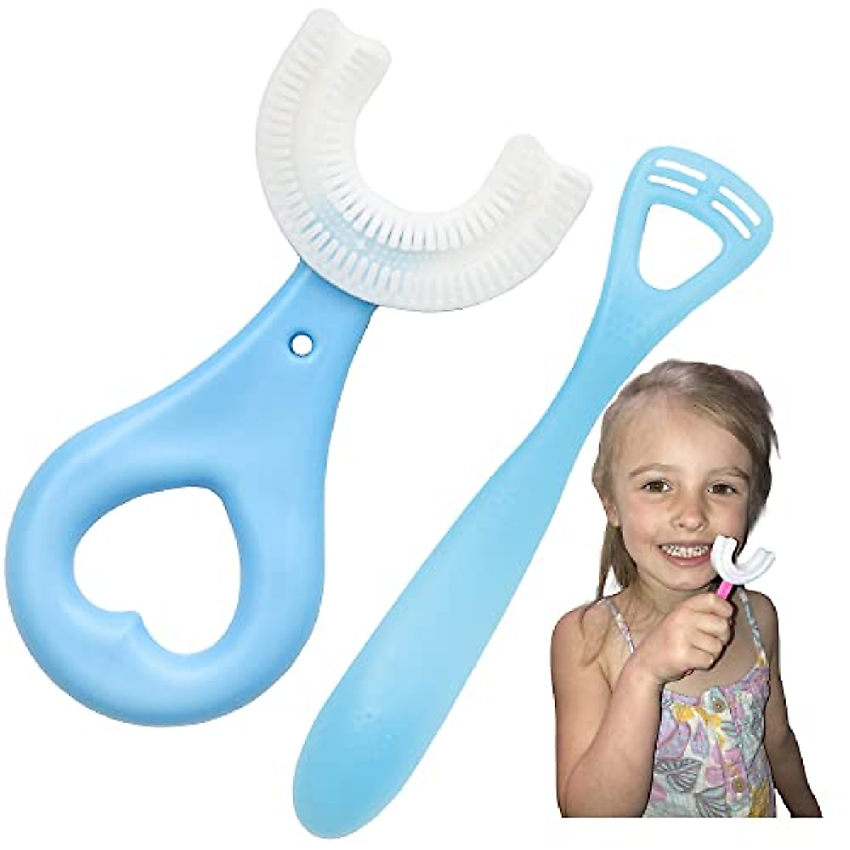 [2PC] Kids U Shaped Tooth Brush Safe Brushing For Teeth and Gums with Silicone Soft Tongue Scraper Cleaner [Ages 2-6] Blue