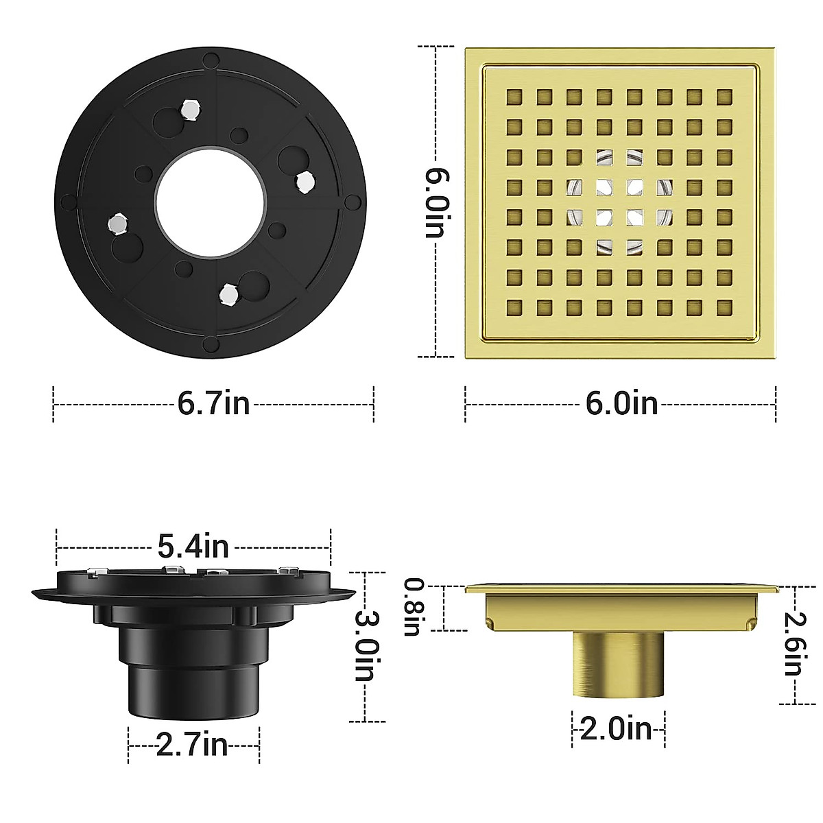 Bmvlffs Square Shower Floor Drain 6 Inch Brushed Gold, SUS 304 Stainless Steel with Flange, Removable Cover Quadrato Patten Grate, Includes Hair Strainer
