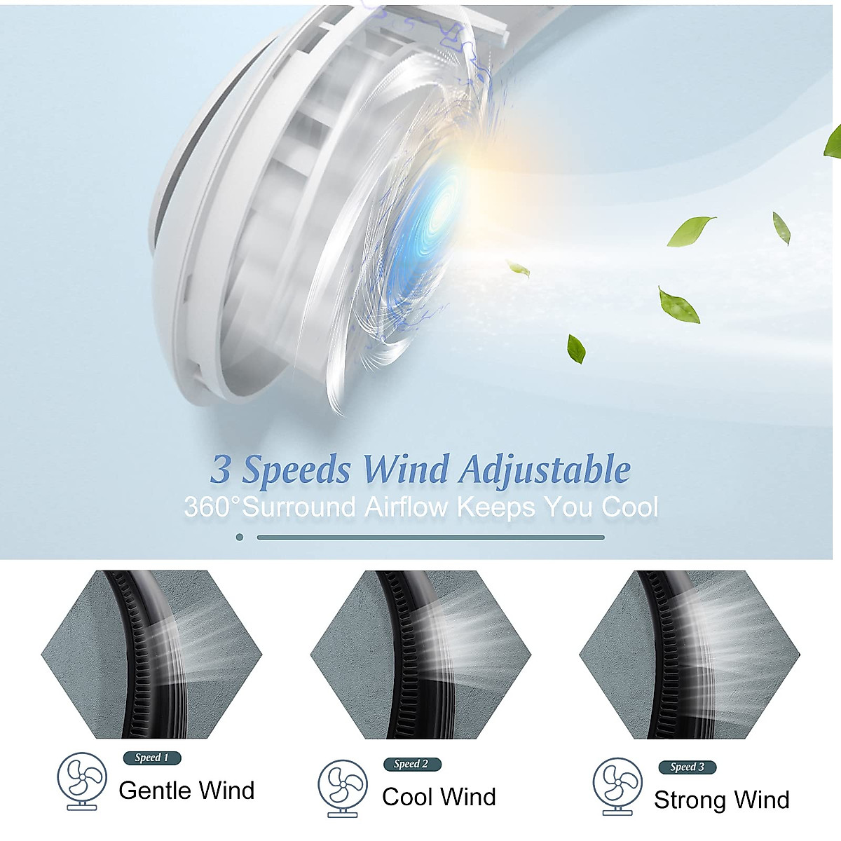 MQFORU Portable Neck Fan, Hands Free Bladeless Personal Fans - 3 Speeds, 64Air Outlet, Up to 8Hrs Use Time, 360°Cooling USB Rechargeable Wearable Fan for Office Camping Sports Travel (Black)