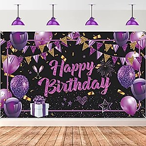 Purple Happy Birthday Banner Purple Black Gold Birthday Party Decorations Large Purple Birthday Sign Shiny Purple Black Birthday Backdrop Photo Booth Background for Women Girls 71 x 44Inch