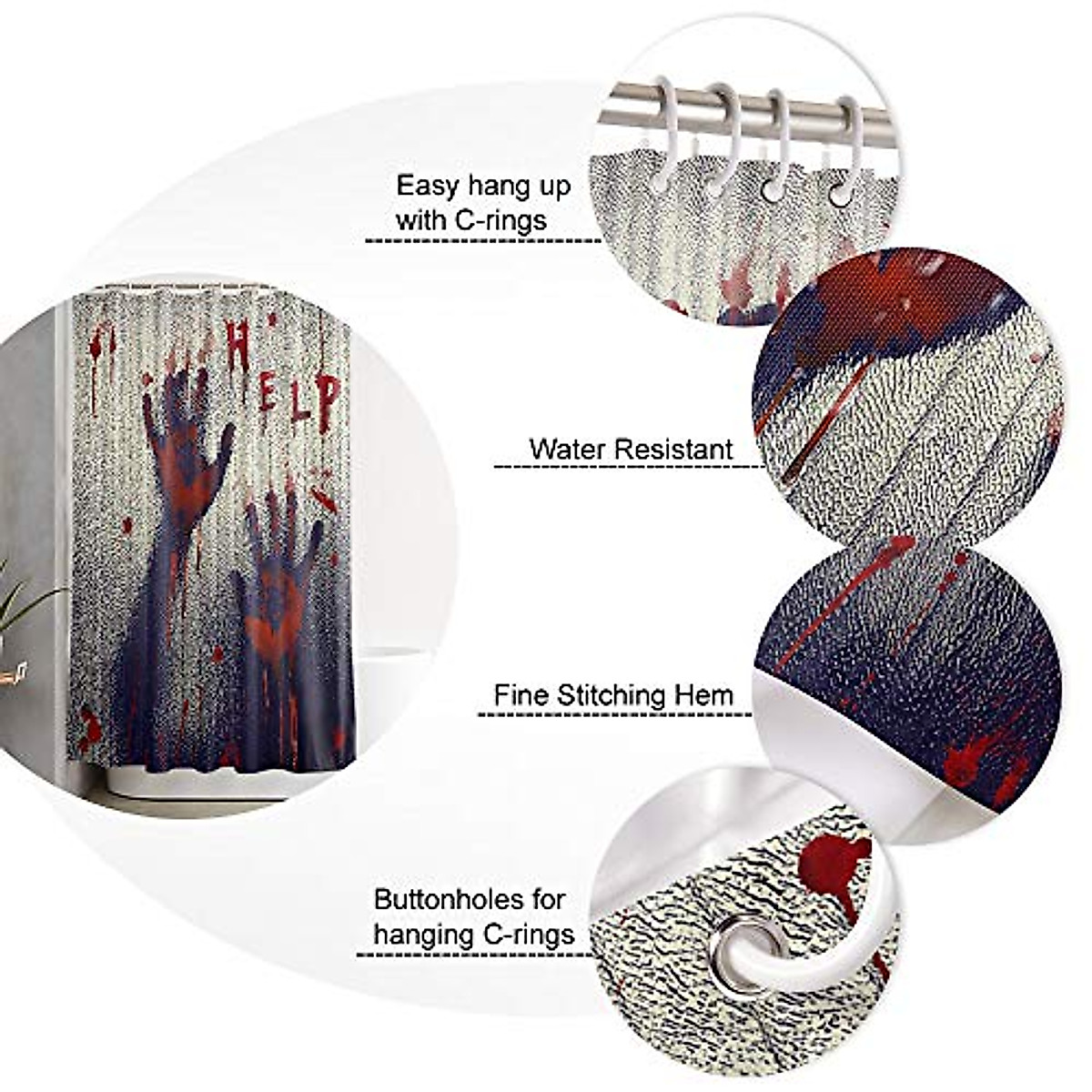 BestLives Halloween Shower Curtain Sets with Rugs Help with Bloody Hands Non-Slip Soft Toilet Lid Cover for Bathroom Zombie Themed Scary 4 Pcs Bathroom Sets with Bath Mat and 12 Hooks