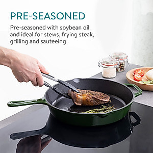 Navaris Enameled Cast Iron Skillet - 12" Frying Pan with Enamel Coated Finish - 12 inch Kitchen Cookware Fry Griddle for Stove Top and Oven - Green