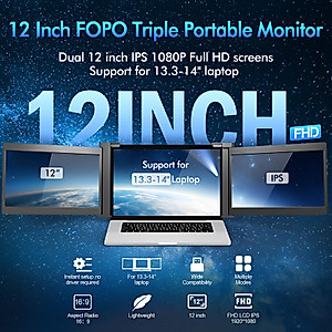 FOPO 12" Triple Laptop Screen Extender Triple Portable Monitor for 13.3"-14" Laptop, FHD 1080P IPS Dual Display, with USB-C/HDMI Port, for Windows/MacOS/Switch-S12