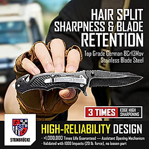 Steinbrucke Tactical Knife Pocket Knife Folding Stainless Steel 8Cr13Mov 3.4'' Blade, with Reversible Clip - Good Gift for Hunting Camping Survival Outdoor and Everyday Carry
