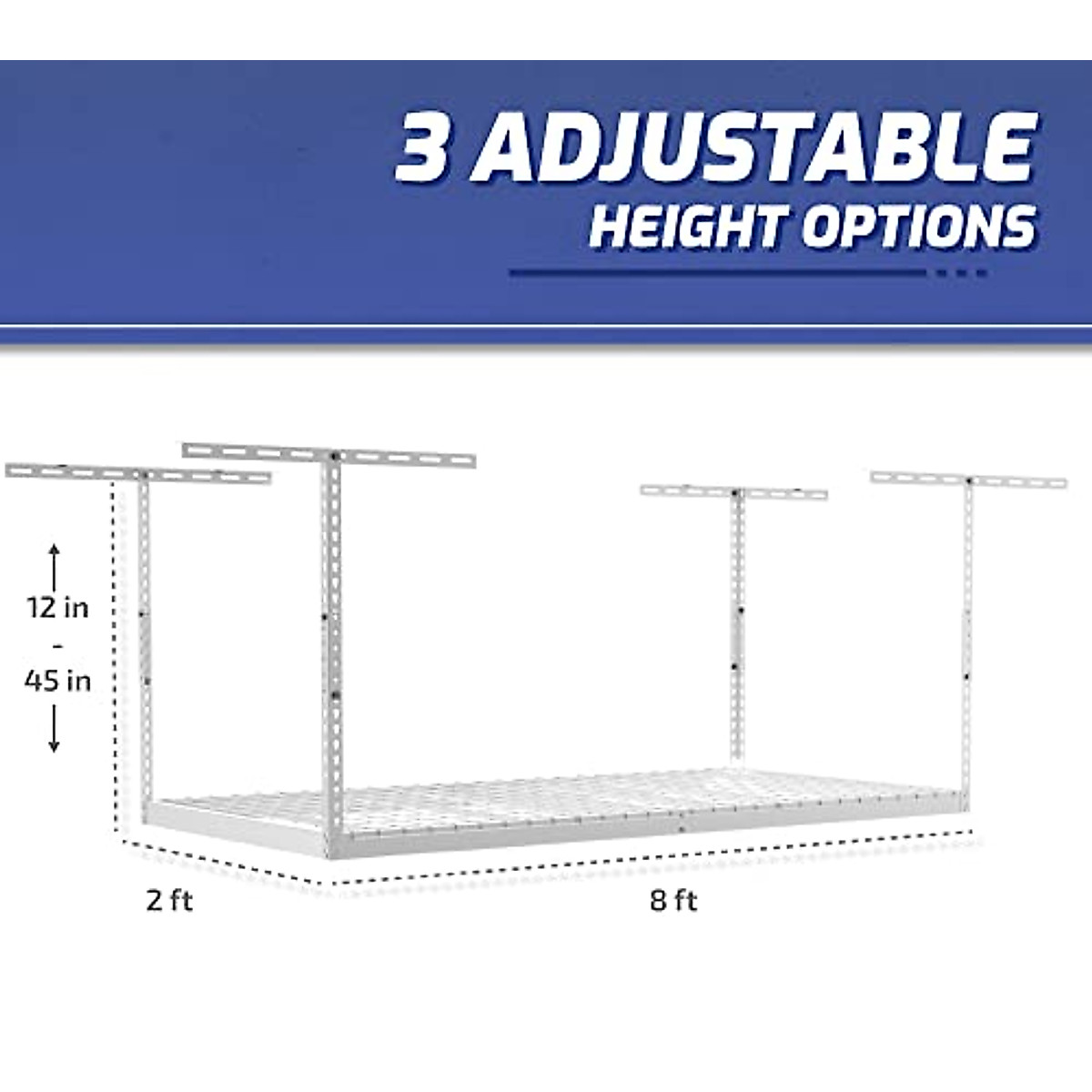 SafeRacks – 2x8 Overhead Garage Storage Rack - Height Adjustable Steel Overhead Storage Rack - 400 Pound Weight Capacity (White, 12"-21")