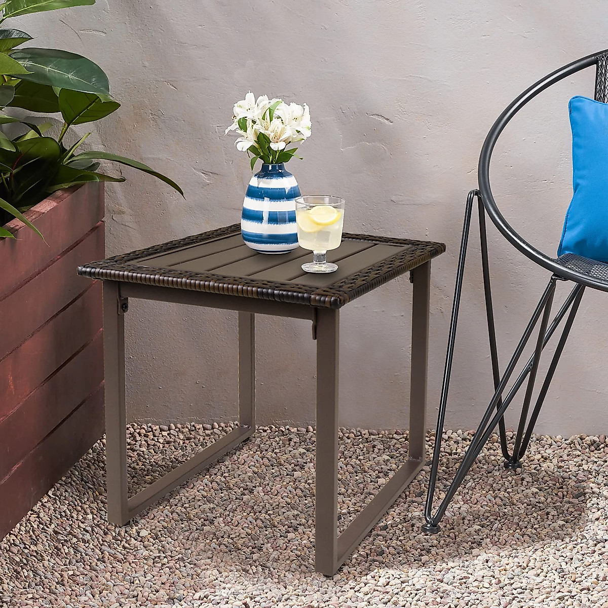 PHIKOOVA Wicker Outdoor Side Table Metal Patio Coffee Table, Metal Square Side Table with Wicker Edge & Slatted Metal Top, for Lawn Garden Backyard, Brown