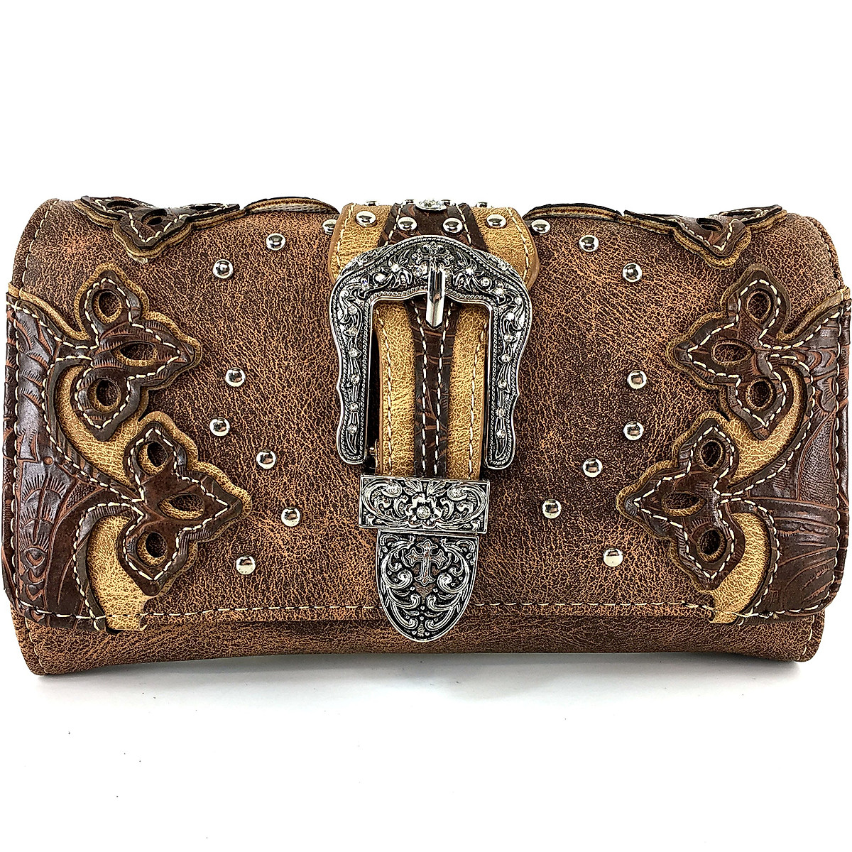 Justin West Laser Cut Rhinestone Silver Buckle Studded Cross Shape Design Wristlet Trifold Wallet Attachable Long Strap (Brown)