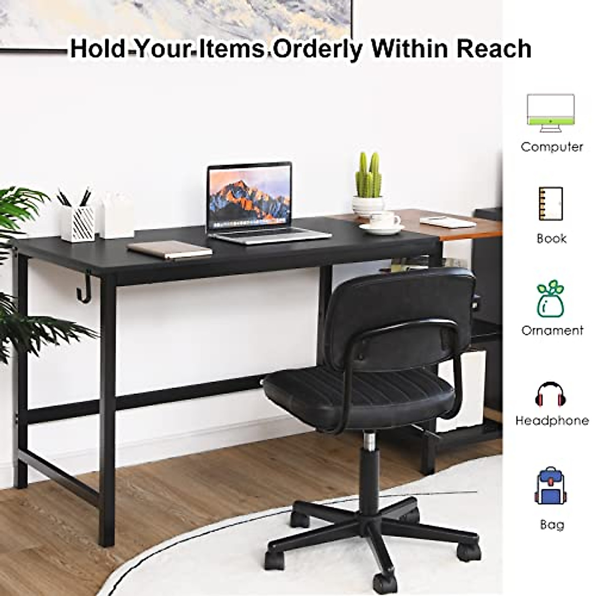 COSTWAY 59” Computer Desk, with 2 Removable Storage Shelves, Industrial Writing Workstation with Headphone Hook, for Home Office, Gaming Desk (Black)