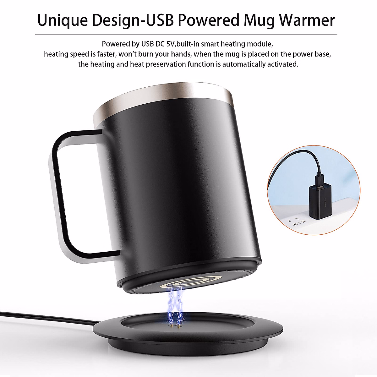 Self Heating Coffee Mug,12oz Heated Mug with Double-Layer 18/8 Stainless Steel,131℉ Beverage Cup Warmer with Mug Set for Desk Home & Office (Black)