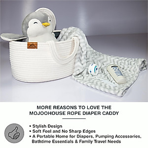 Mojoohouse Baby Diaper Caddy Organizer, Large Nursery Storage Bin, Car Organizer for Diapers with dividers, Portable Tote Bag, Cotton Rope Diaper Basket for Boy Girl (White)