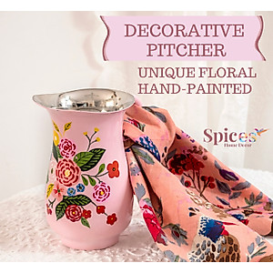 Hand Painted Stainless Steel Water Pitcher - Large Metal Water Jug, for Cold Drinks, Floral Design Beverage Carafe for Entertaining & Home Decor. 8” height, 1 Quart Decorative Vase. (Pink)