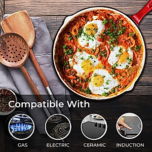 Healthy Choices 8" Small Enameled Cast Iron Skillet & 1 Qt Enameled Cast Iron Saucepan with Lid, Red Enameled Set, Heavy Duty, Indoor and Outdoor Use, Dishwasher Safe, Bake, All Cooktops upto 500°F