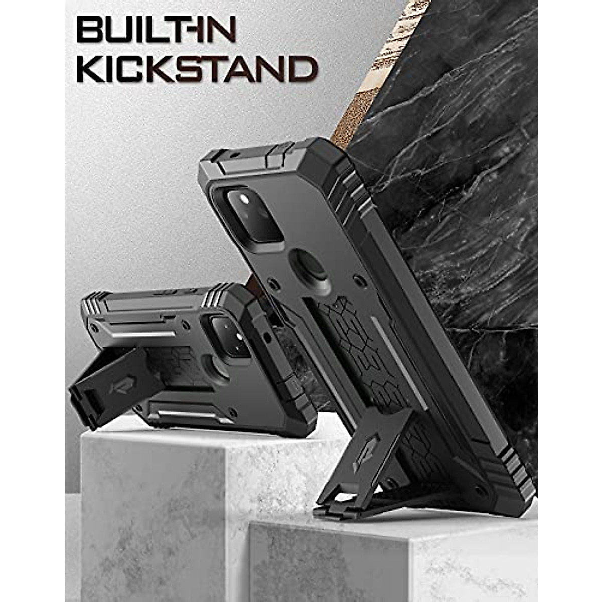 Poetic Revolution Series Case for Google Pixel 5A 5G, Full-Body Rugged Dual-Layer Shockproof Protective Cover with Kickstand and Built-in Screen Protector, Black