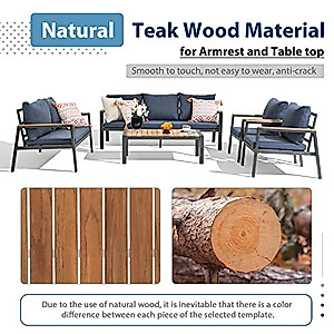 JOIVI Aluminum Patio Furniture Set, 5 Pieces Outdoor Conversation Set with Teak Wood Top Coffee Table, Sectional Sofa Set with Wood Armrest and Cushions for Outside Poolside, Lawn, Backyard, Navy Blue