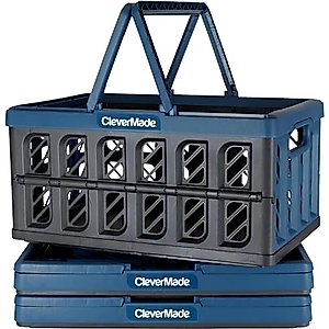 CleverMade Collapsible Shopping Basket, Ocean, 3PK - 24L (6 Gal) Reusable Plastic Grocery Shopping Baskets, Holds 25lbs Per Basket - Small Foldable Storage Crates with Handles