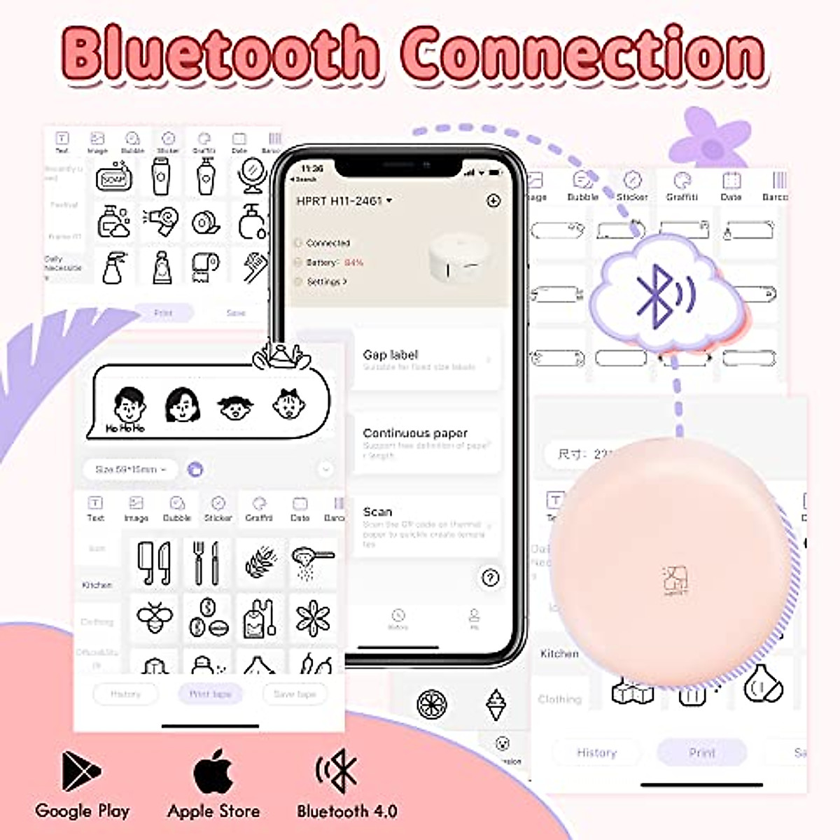 HPRT Label Maker Machine with 4 Tapes, H11 Bluetooth Cute Label Makers, Compatible with Android iOS Waterproof Multiple Templates for Home Organization Office Labeling Inkless
