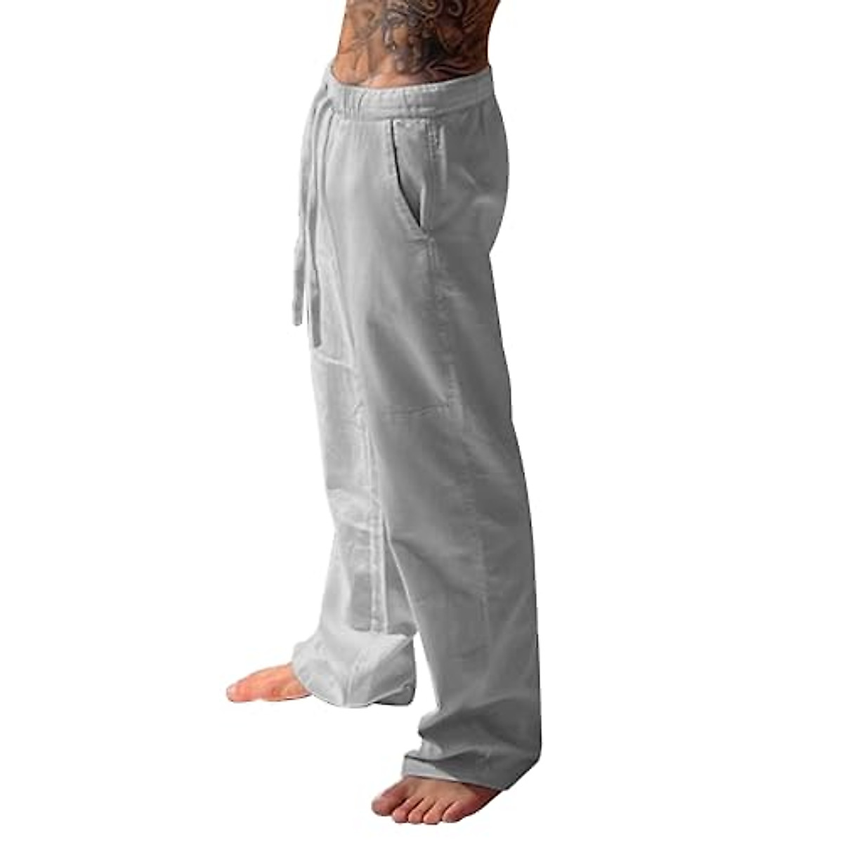 YAOBAOLE Mens Lounge Pants Lightweight Baggy Linen Pants Elastic Waistband Light Grey M