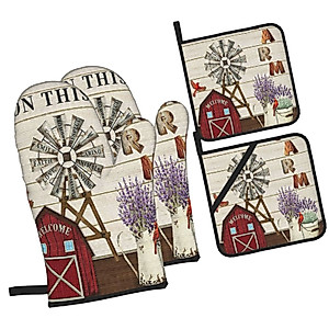 Oven Mitts and Pot Holders Sets of 4,Farmhouse Windmill and Barn House Lavender Cardinal Bird Country Style,Oven Mitts Heat Resistant Oven Gloves Set Potholders for Kitchen Baking Grilling