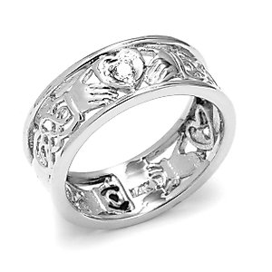 14k White Gold Diamond Claddagh Wedding Ring with Celtic Knot Band (5.5)