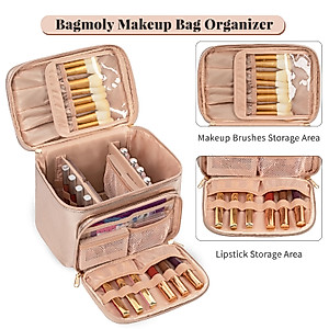 Makeup Bag Organizer,Travel Makeup Bags for Women,Cosmetic Case Organizer Fits Bottles Vertically, Toiletry Bag with Adjustable Dividers and Lipstick Organizer Holder - Rose Gold