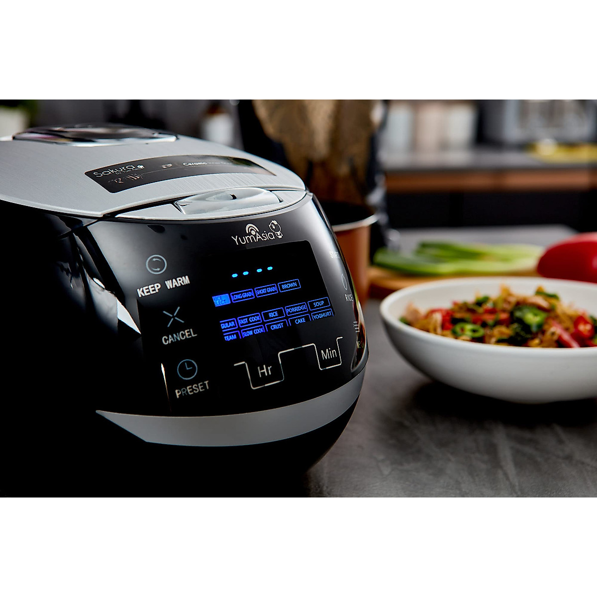 Yum Asia Sakura Rice Cooker with Ceramic Bowl and Advanced Fuzzy Logic (8 Cup, 1.5 Litre) 6 Rice Cook Functions, 6 Multicook Functions, Motouch LED Display, 120V Power (Black and Silver)