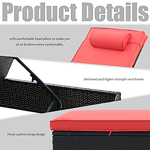 SoarFlash Wicker Chaise Lounge Set of 4, Outdoor Patio Lounge Recliner Chair with Adjustable Backrest,Side Shelf for Garden Yard Poolside,Red