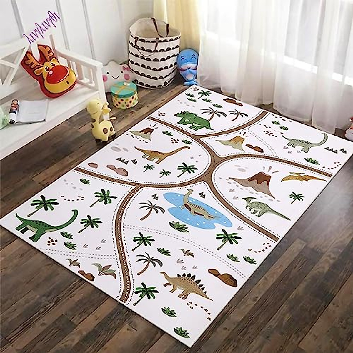 Lukinbox Kids Carpet Playmat Rug for Playroom, 4' x 6' Dinosaur Road Traffic Play Mat for Bedroom, Large Non-Slip Washable Children Nursery Area Rugs Baby Crawling Mat for Kids Room Safe Area