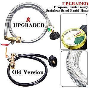 NQN Upgraded 36" Stainless Braided QCC1 Type Inlet Propane Refill Adapter Hose Extension Propane Refill Hose with Gauge and ON/Off Control Valve for 1LB Propane Gas Tank 350PSI High Pressure Camping