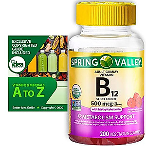 Vitamin B12 Organic Vegetarian Gummies, Metabolism Support with Methylcobalamin by Spring Valley, 500 mcg, 200 Ct (1 Pack) + “Vitamins & Minerals -  A to Z - Better Idea Guide©”
