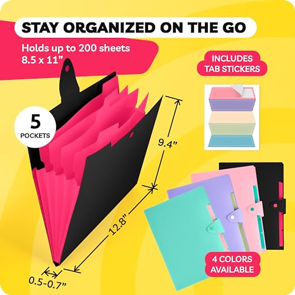 Accordion File Organizer - Expanding File Folder - File Folder Organizer - (5 Pockets, Plastic, for 8.5 x 11) - Expandable File Folder - Accordion Folder (Black)
