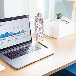 PRAGDUCT Cow Skull Tumbler with Handle and Lid Straw, 30 oz Stainless Steel Travel Mug for Hot and Cold Drinks, Mother's Day gift West Floral Design (White cow skull, 30OZ)