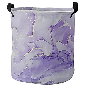 Laundry Basket Marble Purple Gradient Abstract Art,Waterproof Collapsible Clothes Hamper Golden Stripe,Large Storage Bag for Bedroom Bathroom 13.8x17in