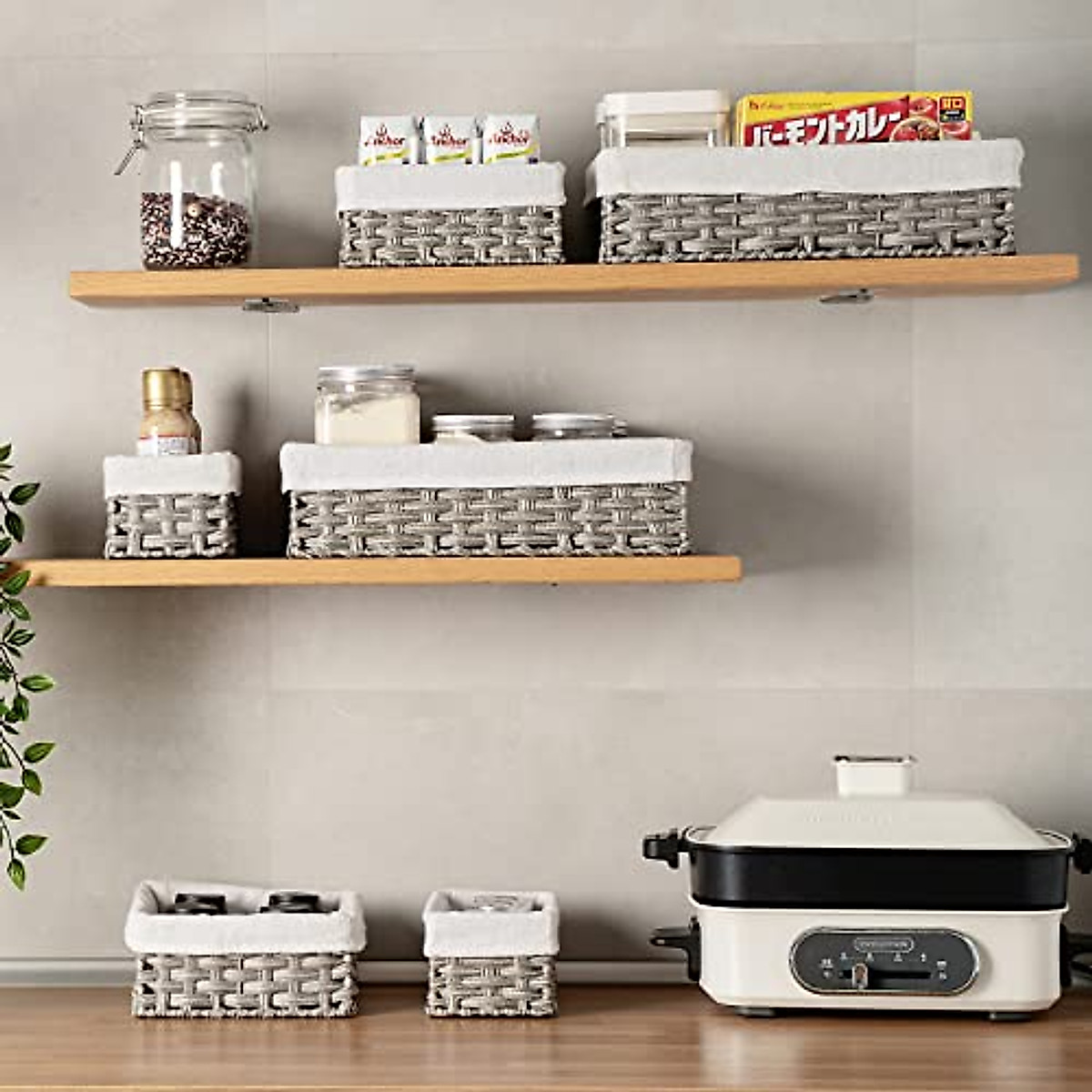 FairyHaus Wicker Baskets for Organizing 3 Pack, Waterproof Small Wicker Storage Basket for Shelves Rectangle, Nesting Lined Grey Wicker Basket