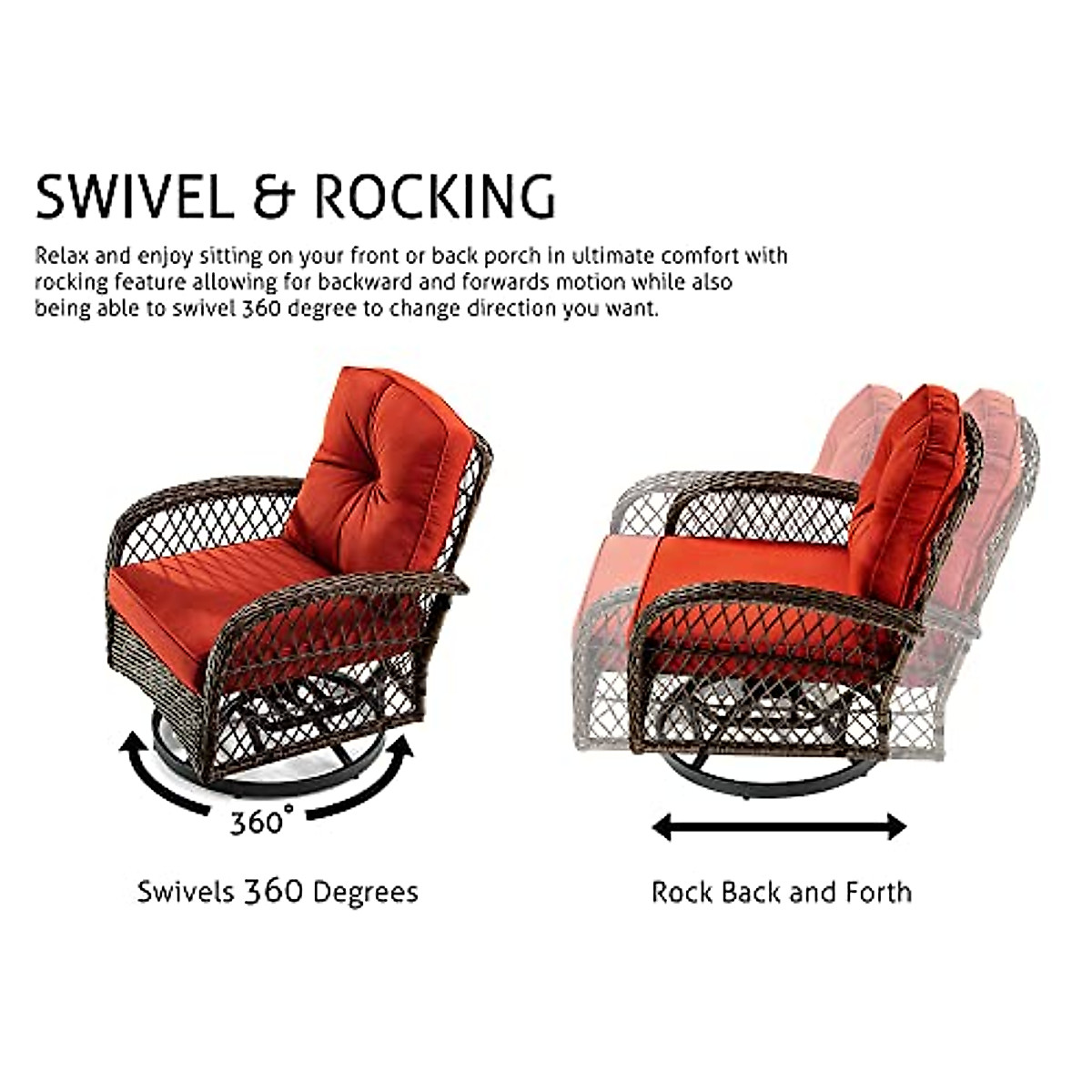 SHA CERLIN 3 Pieces Patio Furniture Set, Outdoor Swivel Glider Rocker, Wicker Patio Bistro Set with Rocking Chair, Cushions and Table (Red)