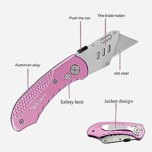 Folding Utility Knife Box Cutter Quick Change Blades, Back-lock Mechanism, Portable Belt Clip, with 5-piece Extra Blades, Purple