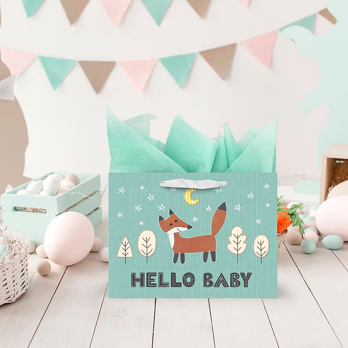 CRTURUNIQ 13" Baby Shower Large Gift Bags for Girls Boys with Baby Shower Card and Tissue Papers, Gender Reveal Gift Bag with Handle