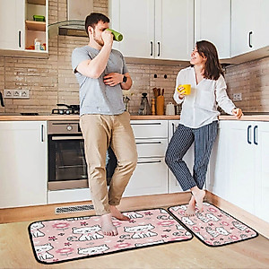 Pink Cat Flower Kitchen Rug Mats 2PCS Non Slip 47" x 20" + 28" x 20" Kitchen Carpet Floor Mat Hallway Rugs Anti Fatigue Doormat