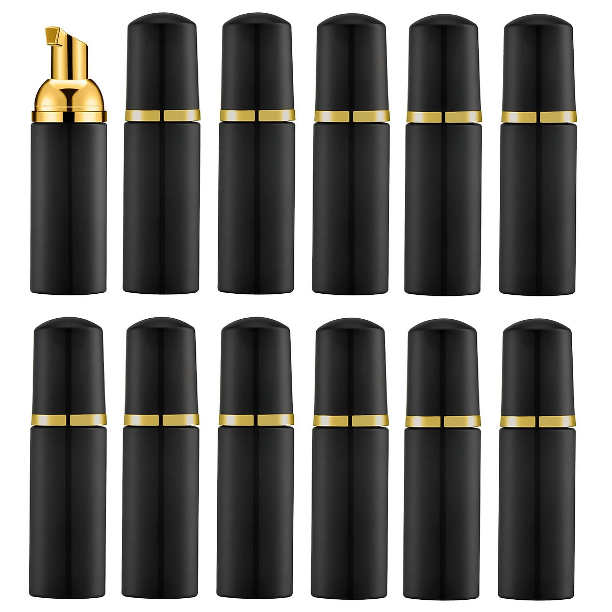 IRON BILL 2 Oz Empty Foam Pump Bottle (12PCS) Travel Foaming Soap Dispenser for Hand Soap, Lash Shampoo Cleanser(Black&Gold Pump&Black Cap)