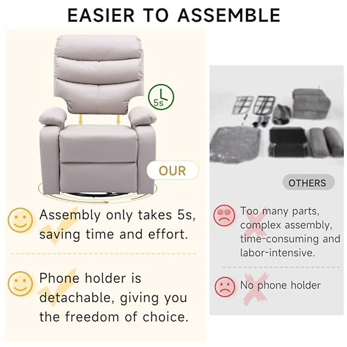 GNMLP2020 Swivel Rocking Recliner Chair, Manual Recliner Chair with Cell Phone Holder, PU Leather Small Rock Recliner Easy to Operate Reclining for Living Room, Nursery, Beige