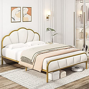 HIFIT Queen Upholstered Bed Frame with Elegant Flowers Headboard, Metal Platform Size Wooden Slats Support, No Box Spring Needed, Noise, Easy Assembly, Velvet, Beige