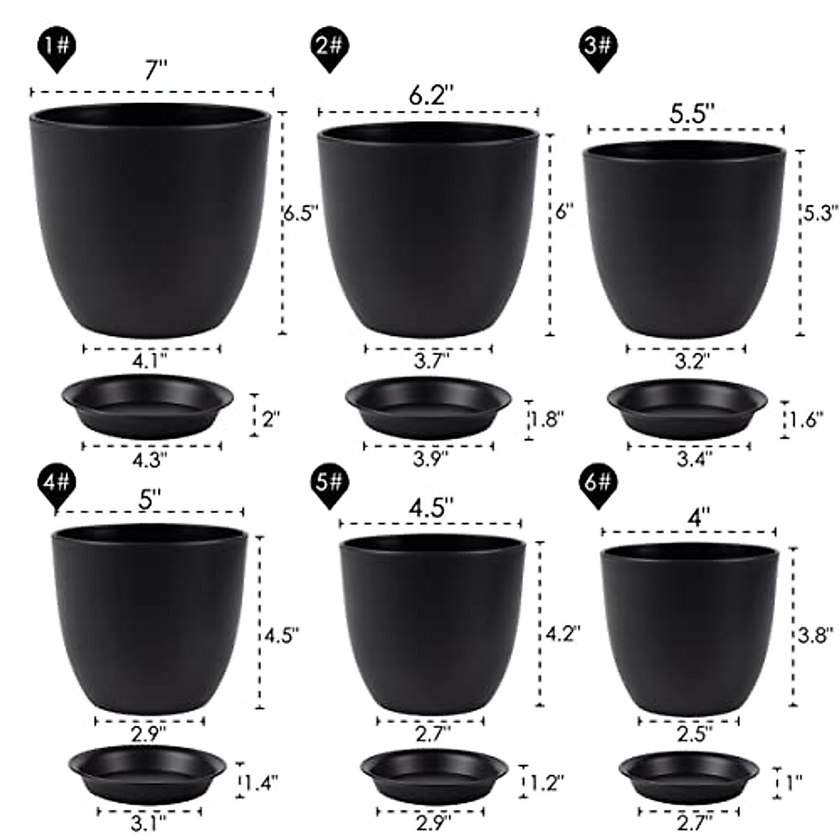 Giraffe Creation Plant Pots 7/6/5.5/5/4.5/4 inch, 6 Pack Flower Pots Outdoor Indoor, Planters with Drainage Hole and Tray, Black
