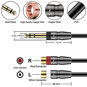 J&D 6.35 mm to 2RCA Cable, Heavy Duty Copper Shell Joint 6.35mm 1/4 inch Male TRS to 2 RCA Female Splitter Stereo Audio Adapter Cable, 0.8 Feet