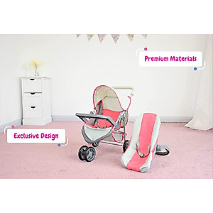 KOOKAMUNGA Baby Doll Stroller Travel System - Retractable Canopy, Feeding Tray, Soft Handle & Swivel Wheels - Pink Gray