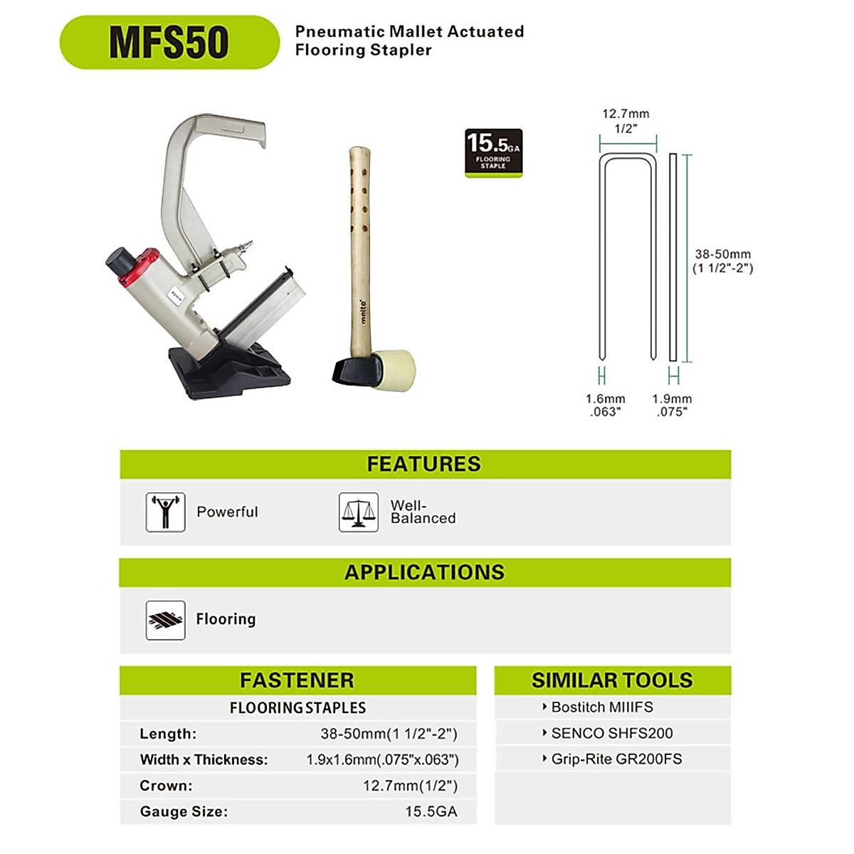 meite 15.5 Gauge Flooring Staples, 2-Inch Length 1/2-Inch Crown Hradwood Floor Staples Collated Galvanized Flooring Staples (1,012 Counts)
